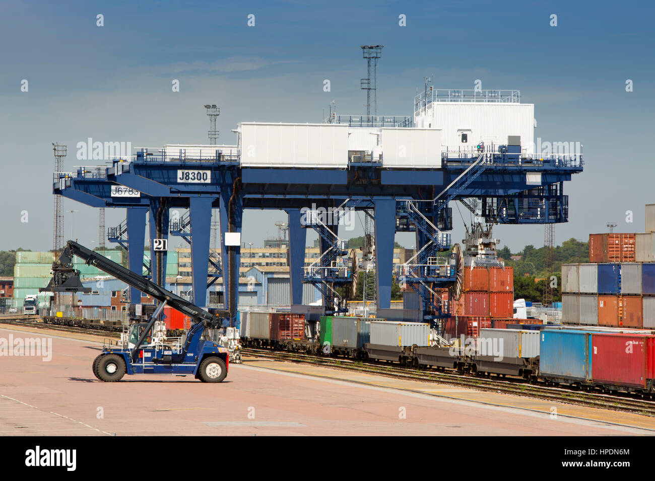 Busy container terminal at Felixstowe UK, with ships, cranes and ...