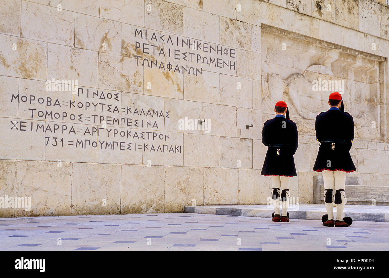 Evzones (soldiers).Changing of guard in front of the parliament house ...