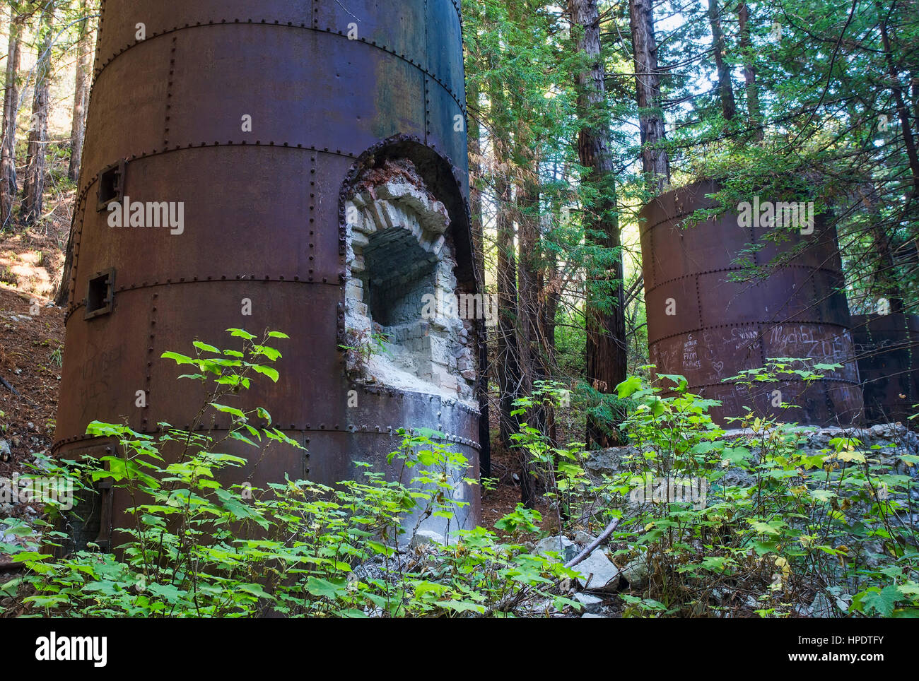 Large old rusty lime kilns at Limekiln State Park in Big Sur, Californa ...