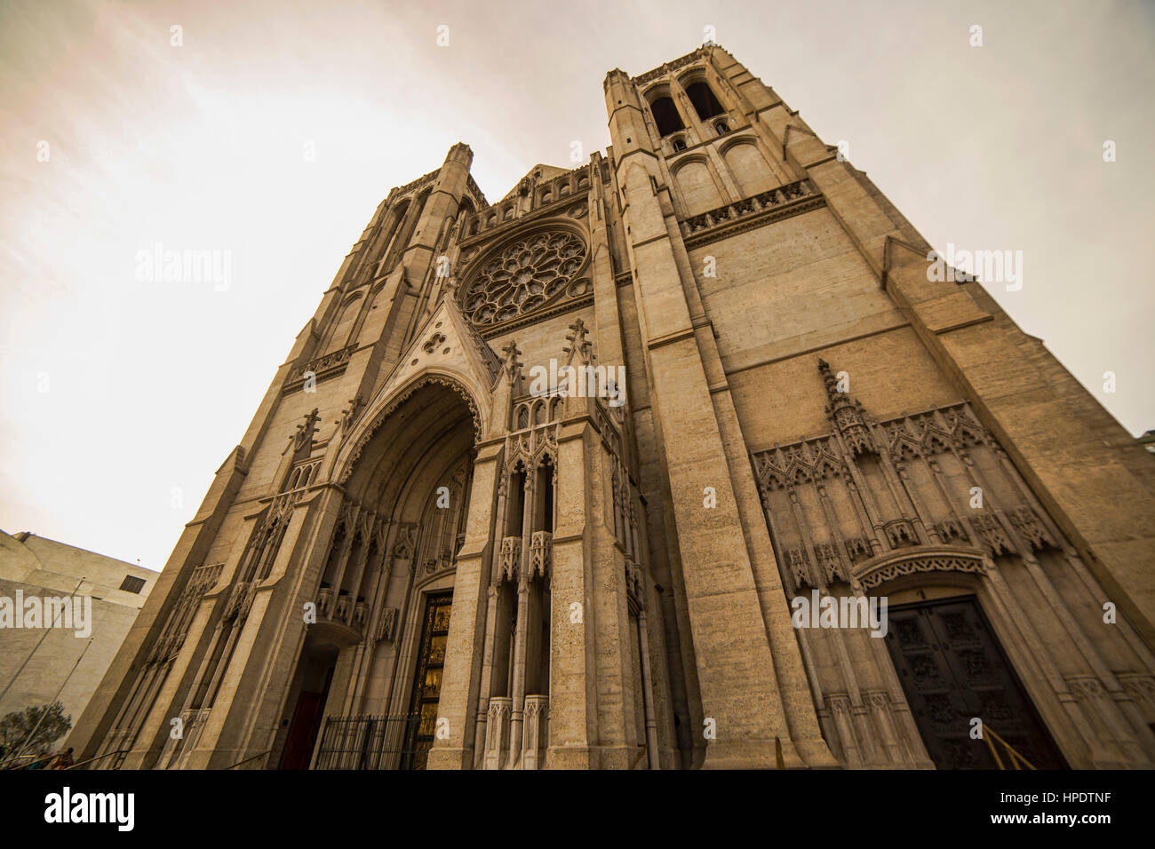Exterior of a sepia-looking Grace Cathedral in San Francisco ...