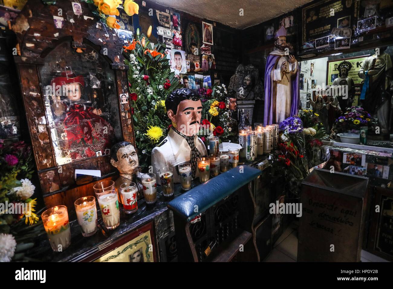 Altar in honor to Jesus Malverde who is venerated as Holy by hitmen and ...