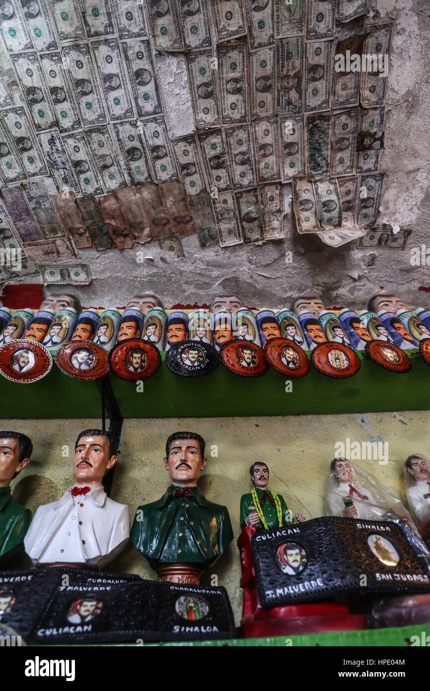 Altar in honor to Jesus Malverde who is venerated as Holy by hitmen and ...