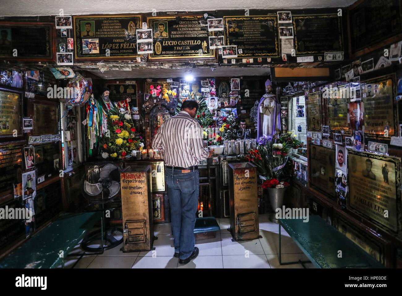 Altar in honor to Jesus Malverde who is venerated as Holy by hitmen and ...