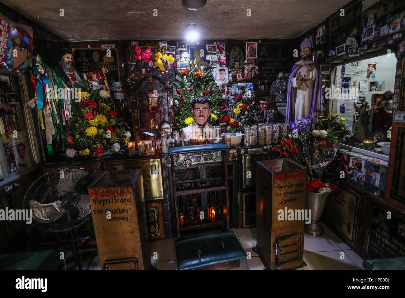 Altar in honor to Jesus Malverde who is venerated as Holy by hitmen and ...
