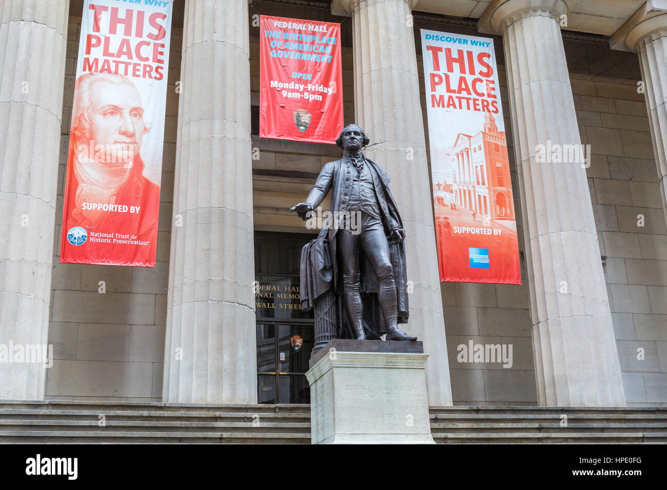 The statue of George Washington on the steps of historic Federal Hall ...