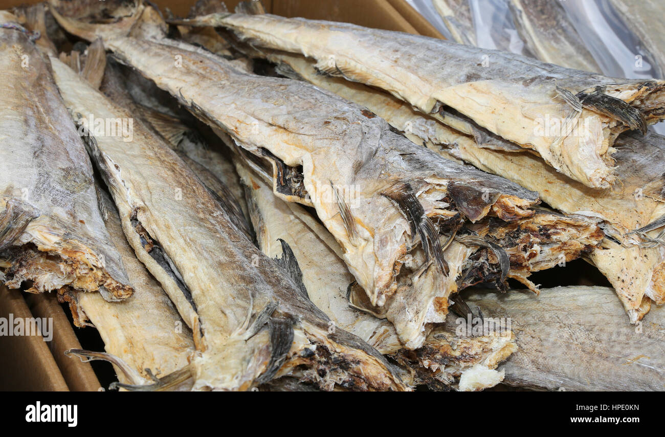 Stockfish from cod for sale in the fish market in Europe Stock Photo ...
