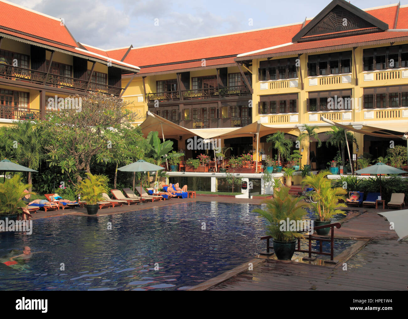 Cambodia, Siem Reap, Victoria Angkor Resort & Spa, pool, garden Stock ...