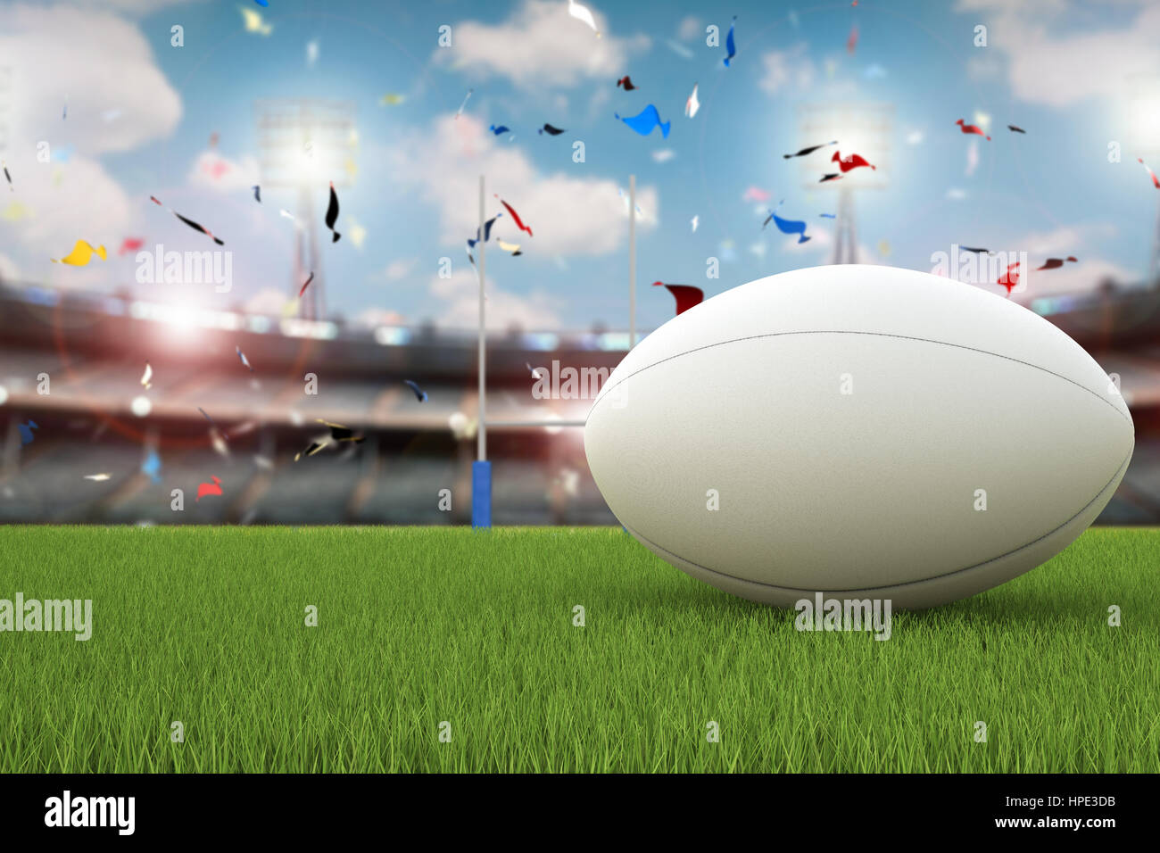 3d rendering rugby ball with rugby posts on field Stock Photo - Alamy
