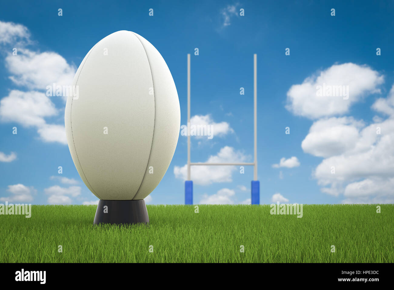 3d rendering rugby ball with rugby posts on field Stock Photo - Alamy