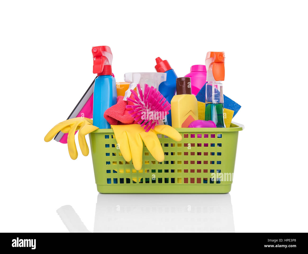 Basket with household cleaning products. Isolated on white background ...