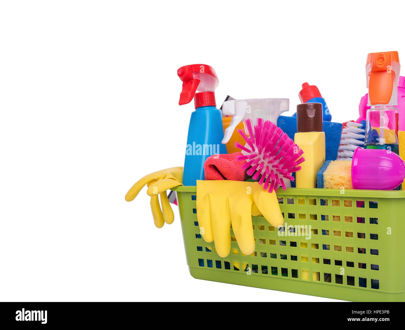 Basket with household cleaning products. Isolated on white background ...