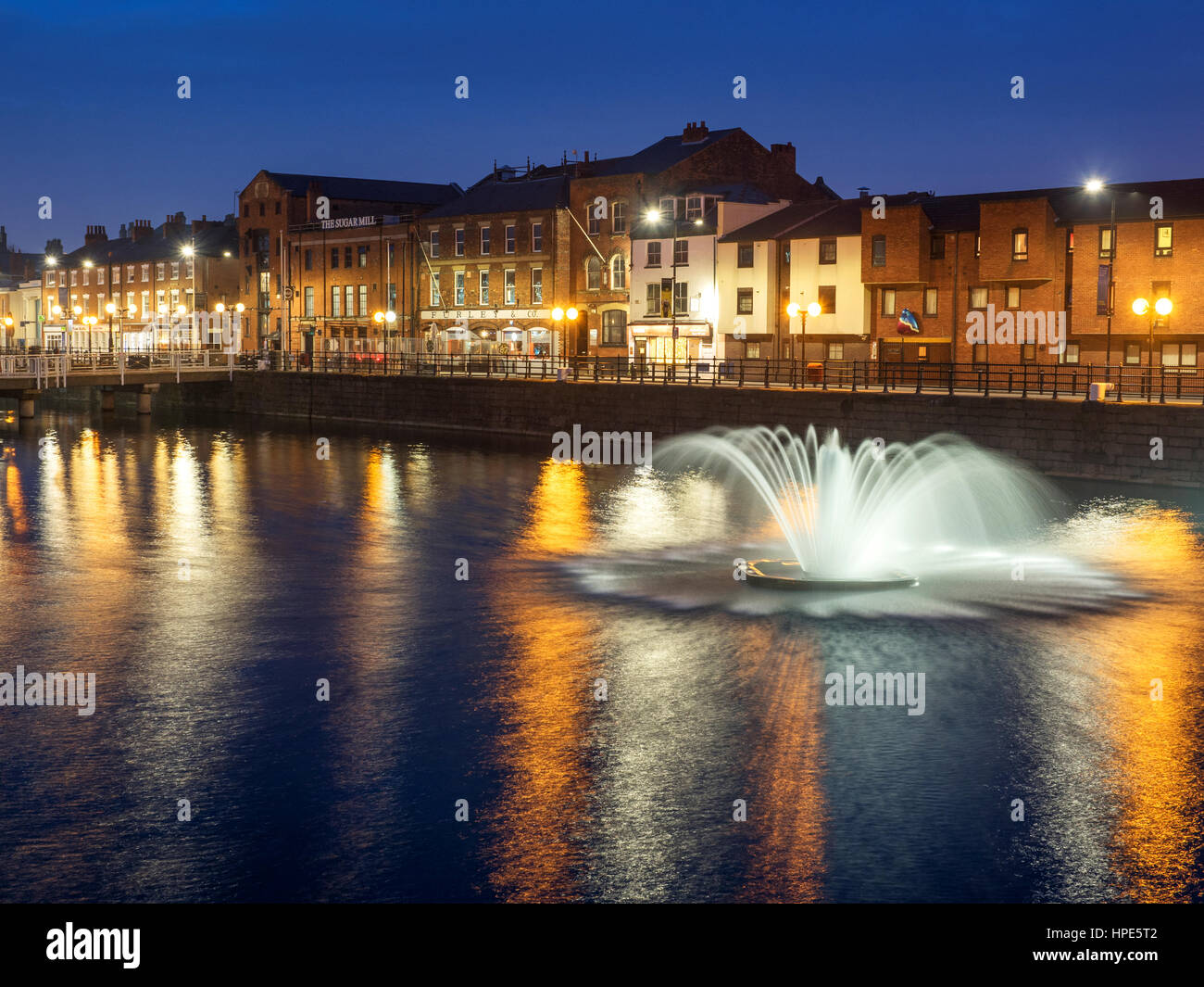 Fountain and Princes Dock Street at Dusk in Hull Yorkshire England ...