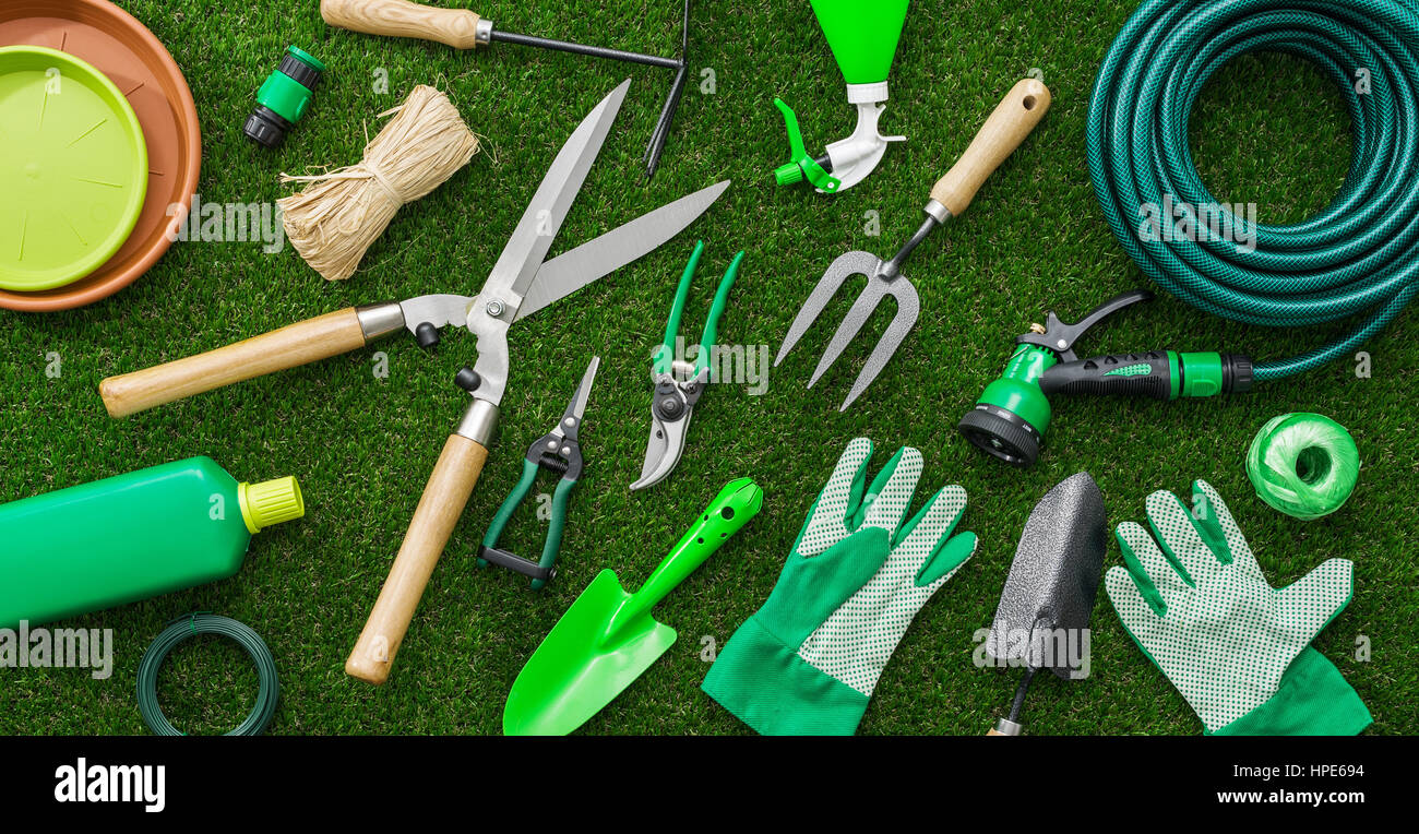 Gardening tools and utensils on a lush green meadow, top view, garden ...