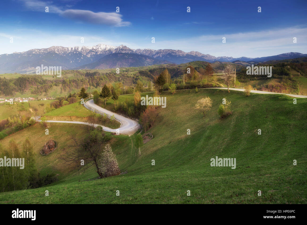 Spring landscape in the Carpathians. Rural view at Moieciu - Bran ...