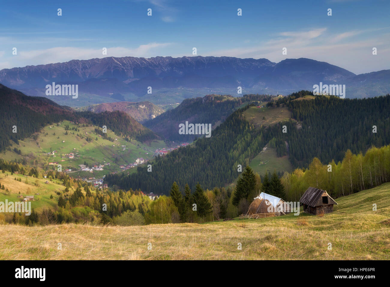 Spring landscape in the Carpathians. Rural view at Moieciu - Bran ...