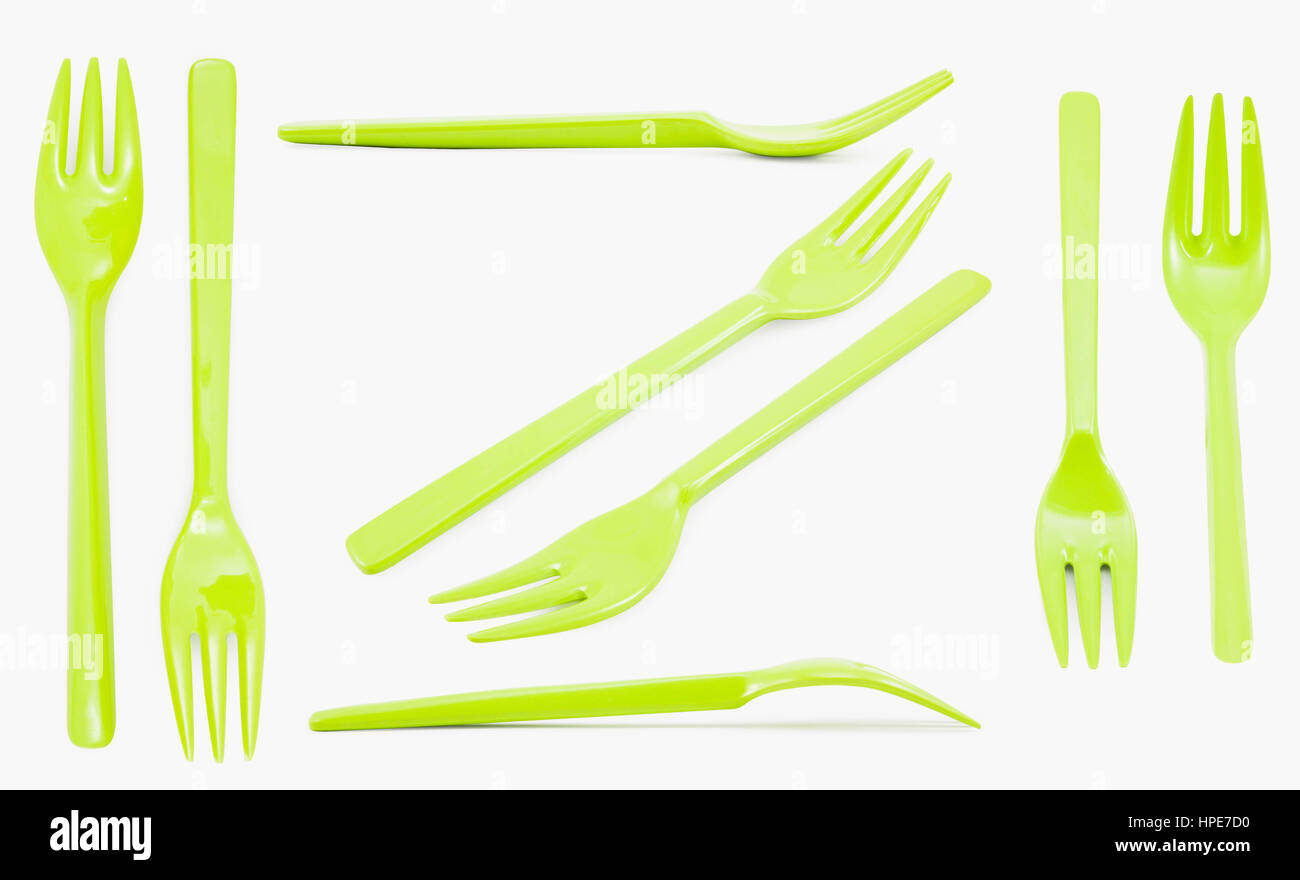 Collection yellow plastic forks isolated on white background Stock ...