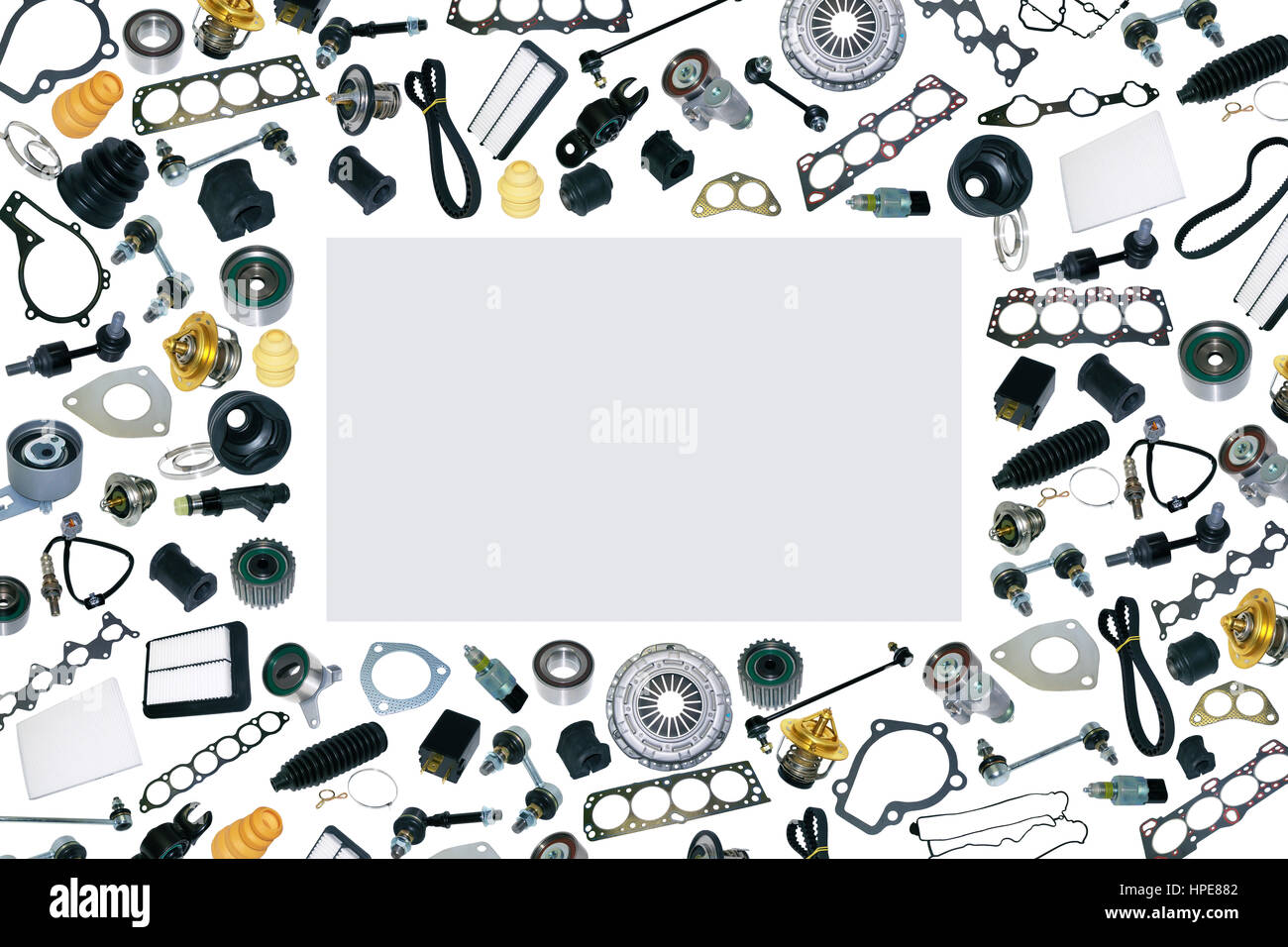 Spare auto parts car on the white background set. Frame for advertising ...