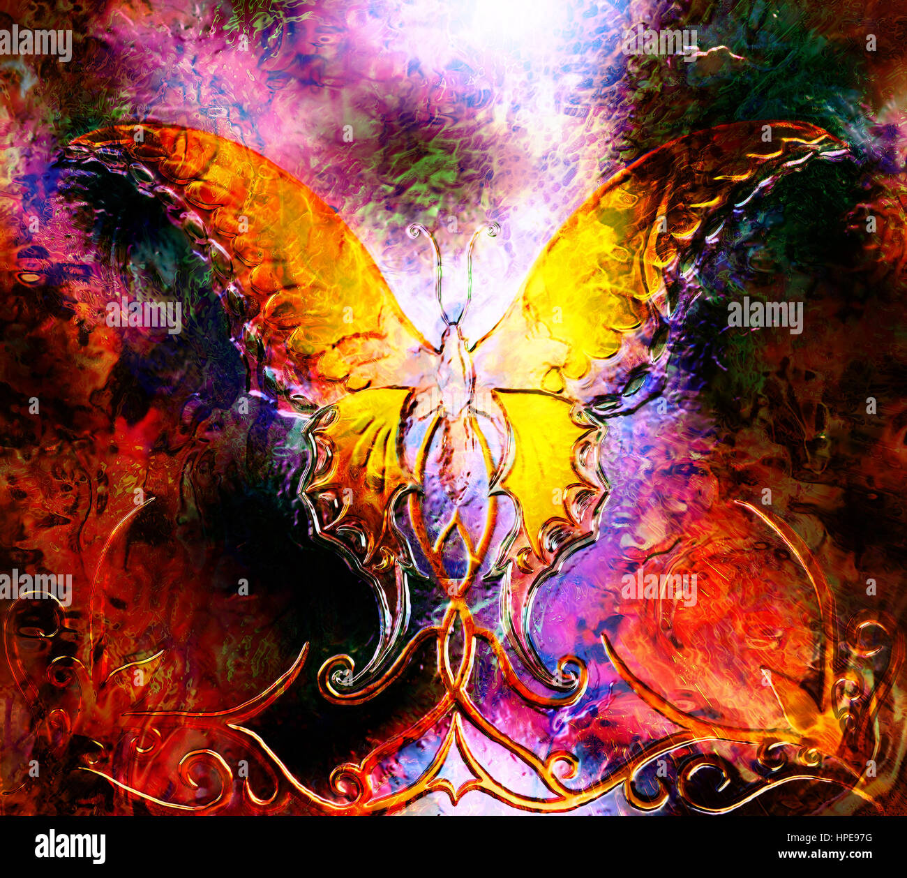 butterfly in cosmic space. in fire flame. graphic design and glass ...