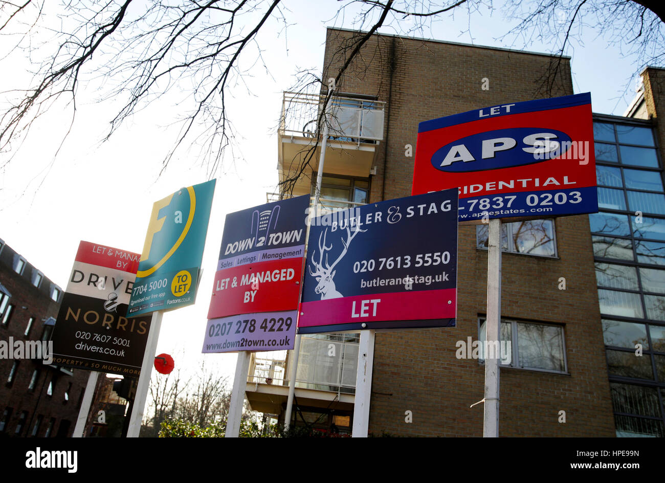 A variety of Let By and To Let estate agent signs outside an apartment ...