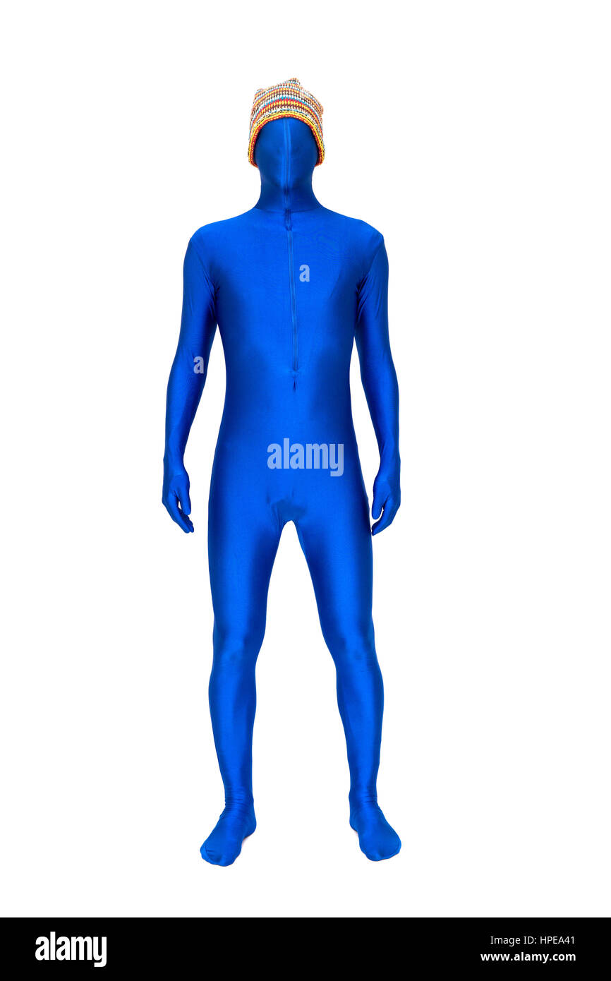 Mysterious blue man in morphsuit with a cap Stock Photo - Alamy