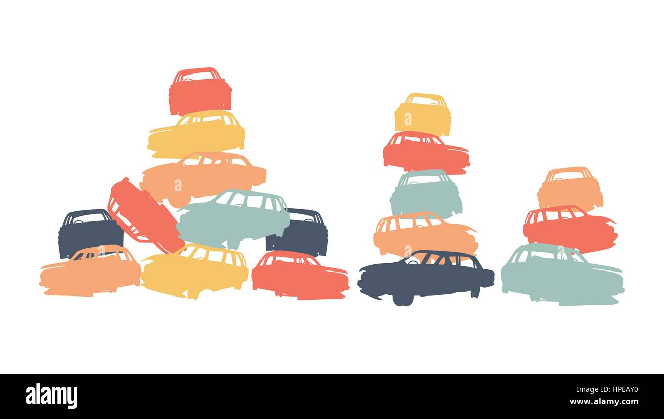 Damaged car pile in wrecking yard colorful vector background isolated ...
