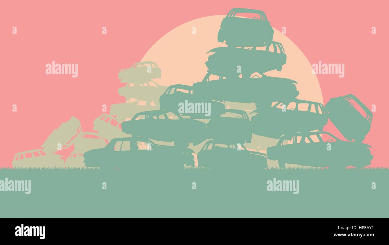 Cars in salvage junkyard in evening with sunset vector background Stock ...