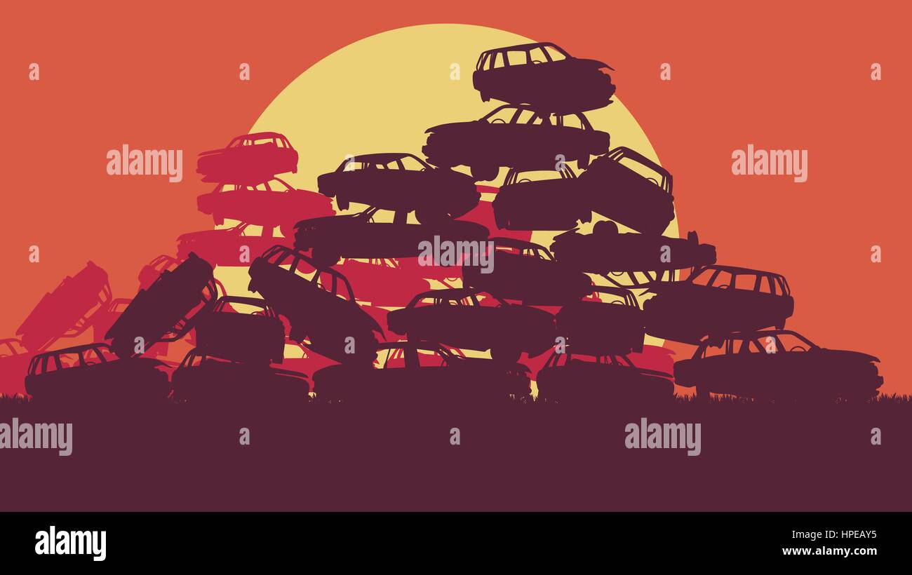 Cars in salvage junkyard in evening with sunset vector background Stock ...