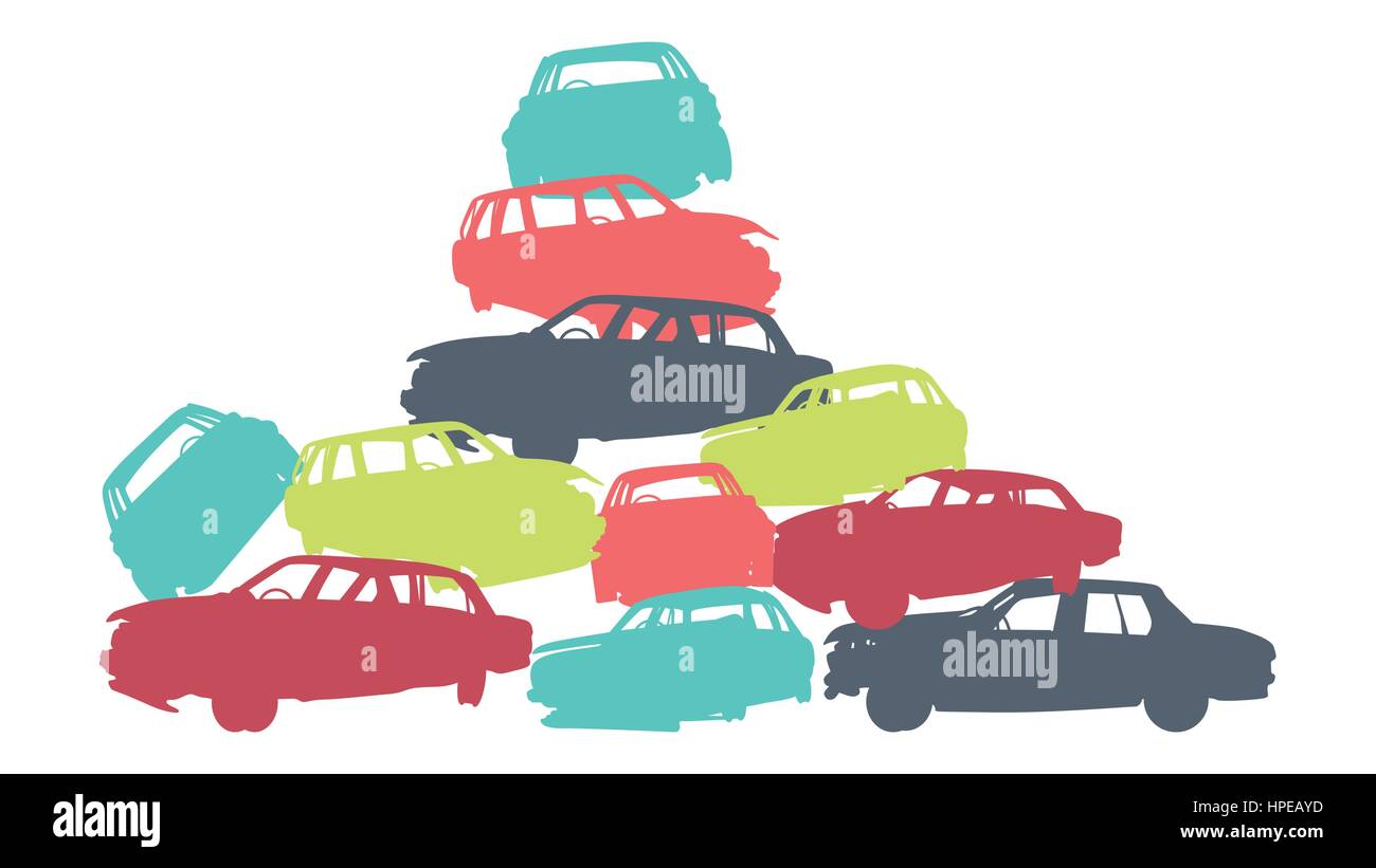 Damaged car pile in wrecking yard colorful vector background isolated ...