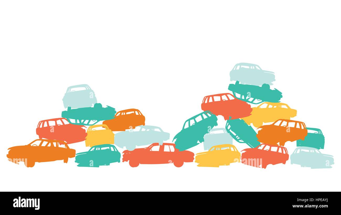 Damaged car pile in wrecking yard colorful vector background isolated ...