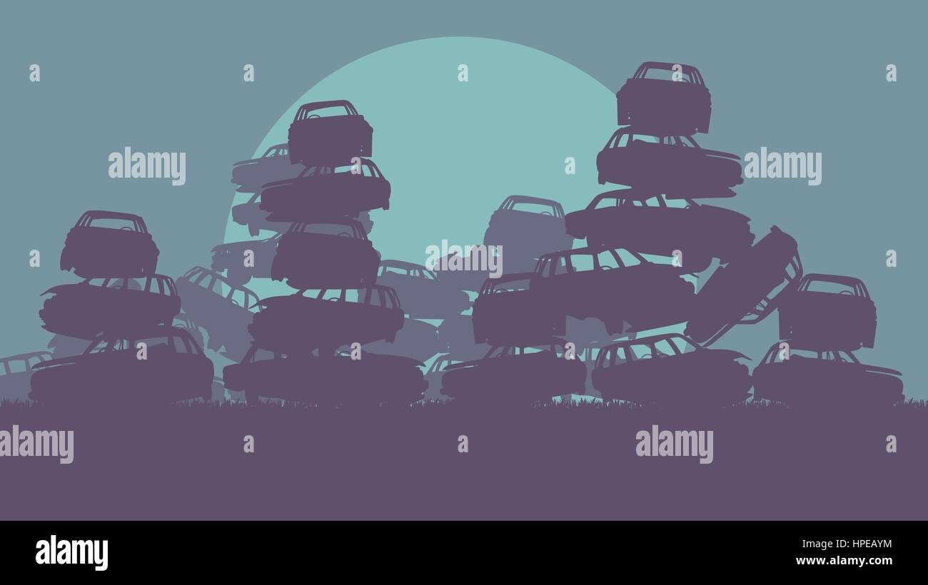 Cars in salvage junkyard in evening with sunset vector background Stock ...
