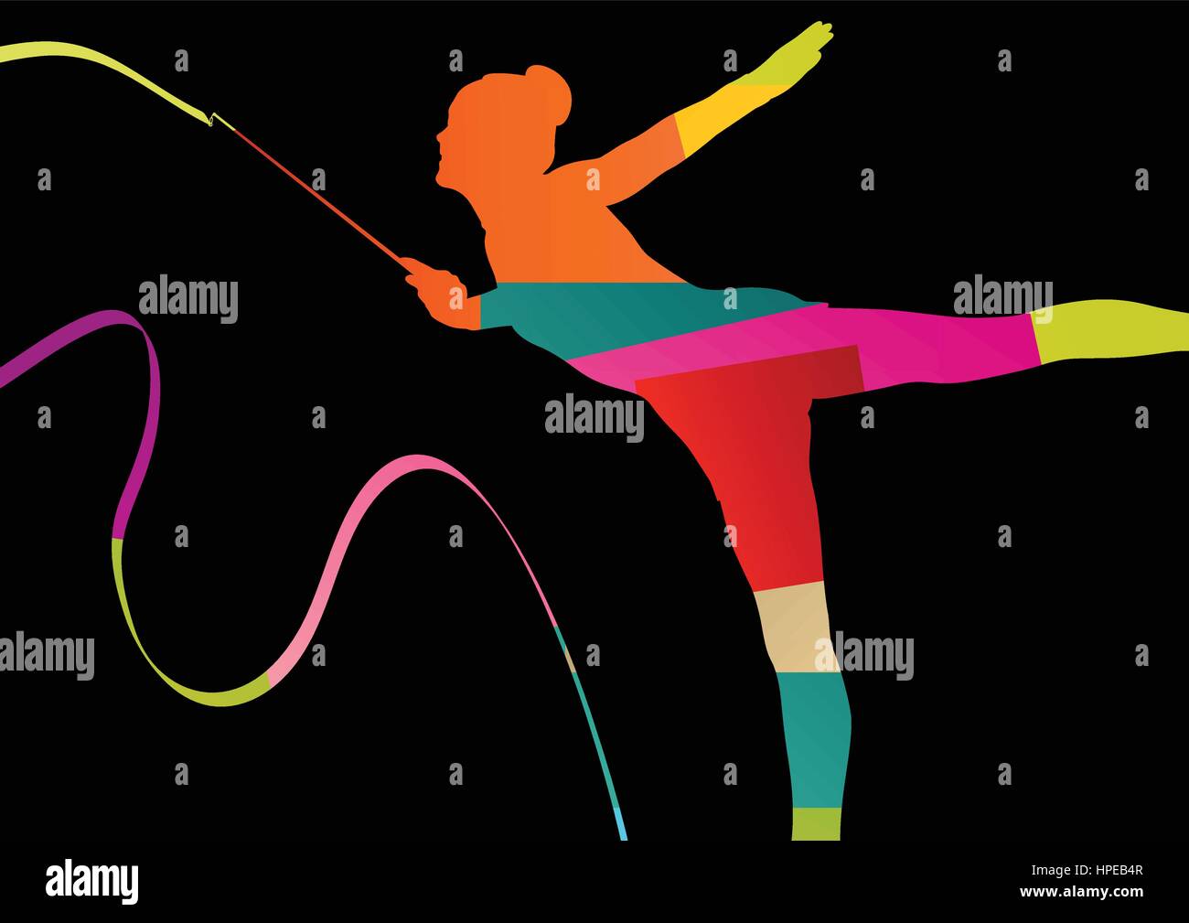 Girl calisthenics sport gymnast silhouette acrobatics flying ribbon ...