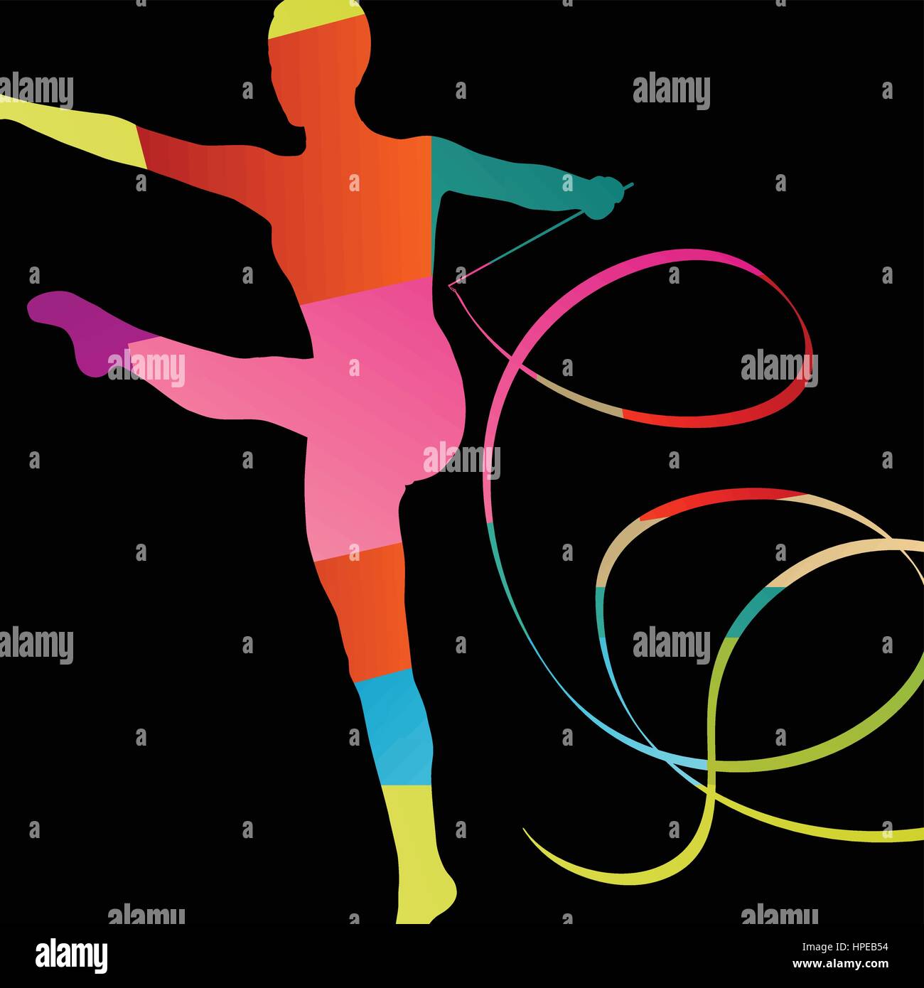 Girl calisthenics sport gymnast silhouette acrobatics flying ribbon ...