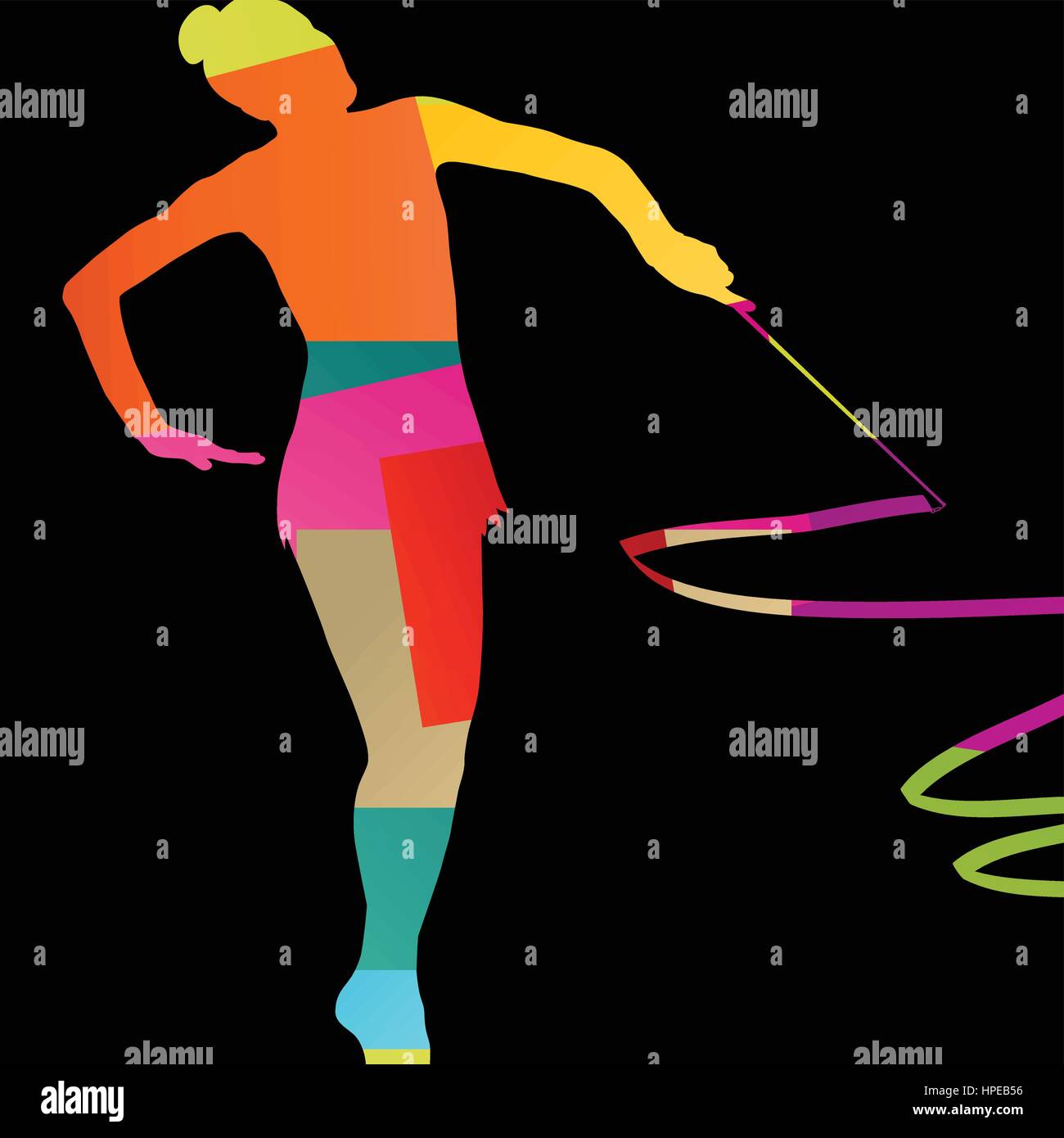 Girl calisthenics sport gymnast silhouette acrobatics flying ribbon ...