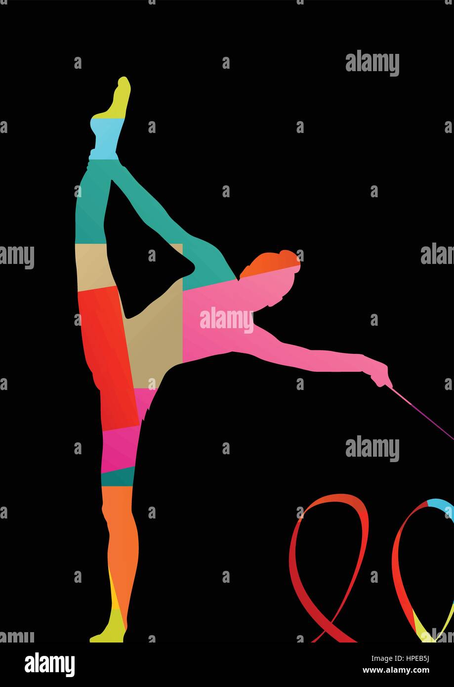 Girl calisthenics sport gymnast silhouette acrobatics flying ribbon ...