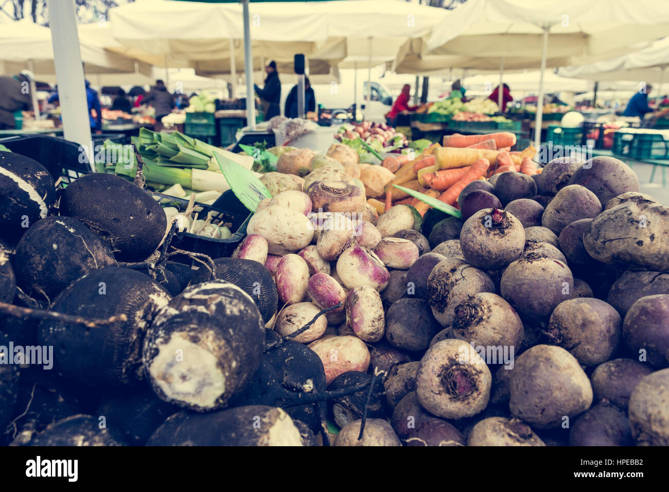 Closeup of beetroot at local outdoor market. Vegetables being sold ...