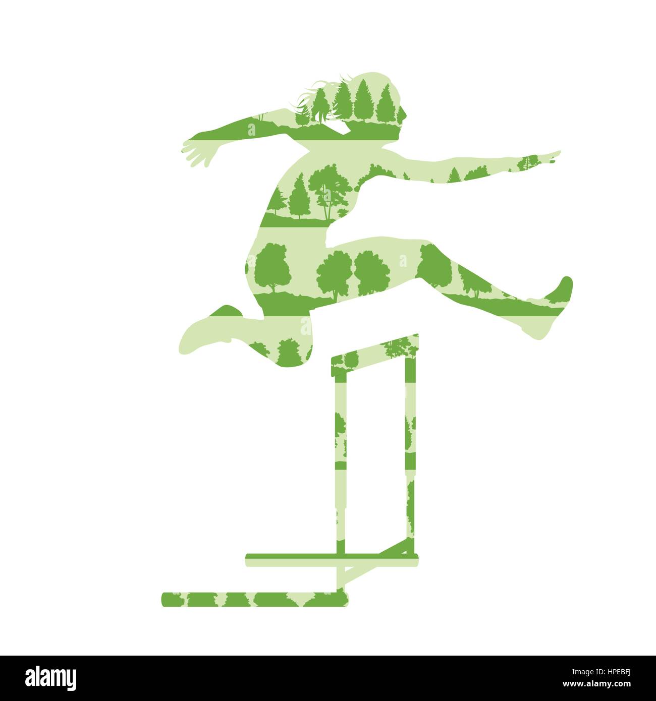 Woman athlete hurdle race vector background concept made of forest ...