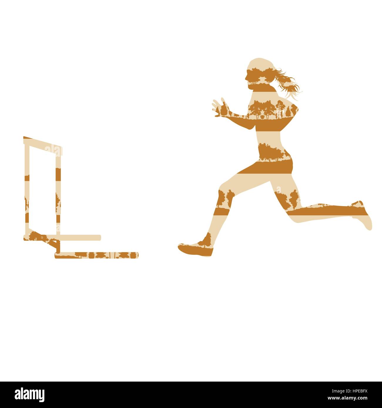 Woman athlete hurdle race vector background concept made of forest ...