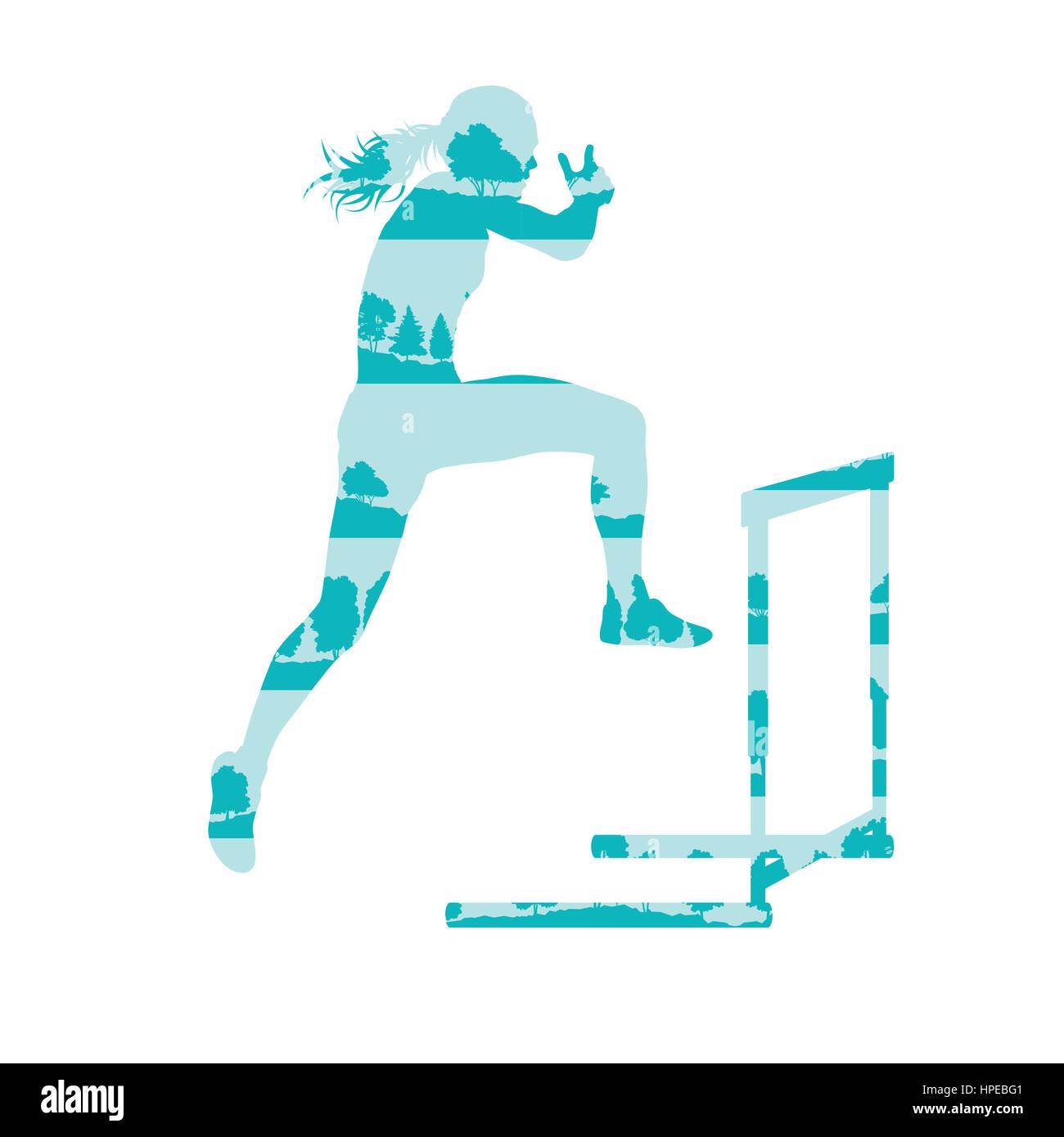 Woman athlete hurdle race vector background concept made of forest ...