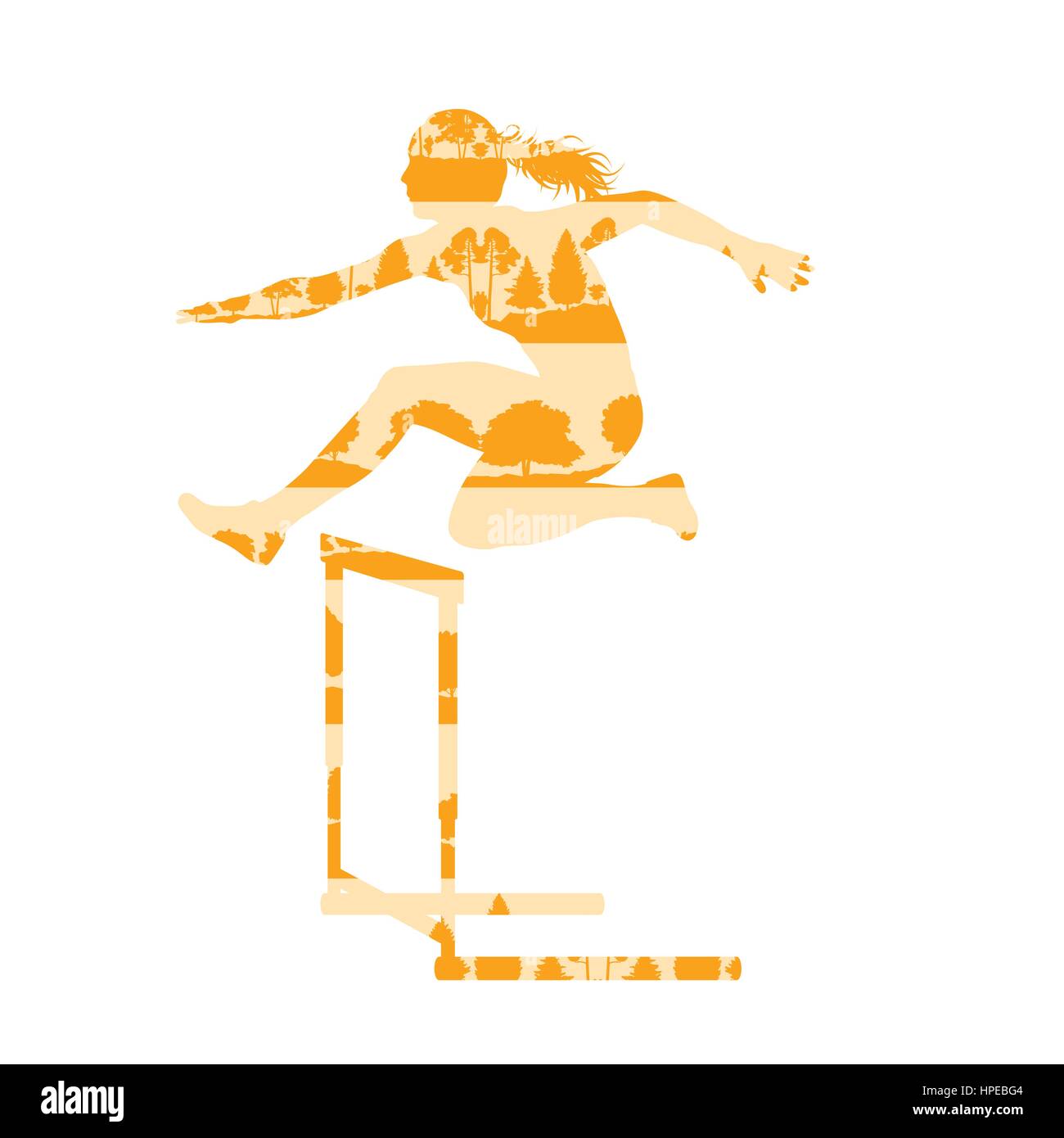 Woman athlete hurdle race vector background concept made of forest ...