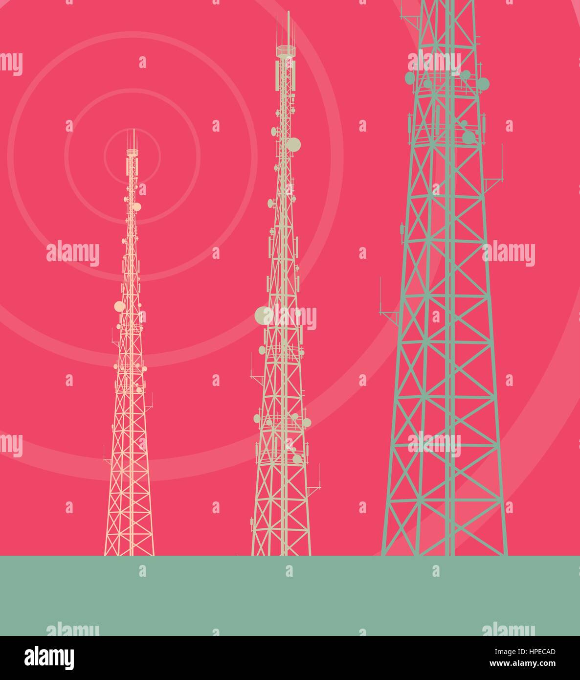 Telecommunication tower with television antennas and satellite dish ...