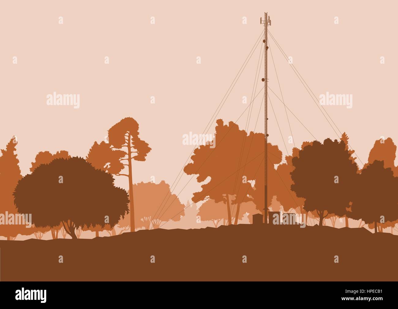 Telecommunication tower with television antennas and satellite dish ...