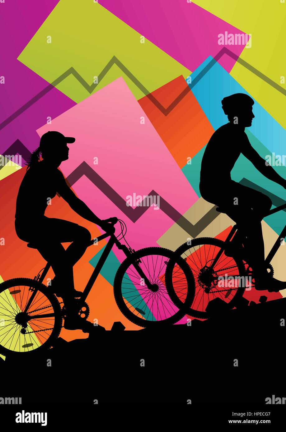 Cyclist active man and woman bicycle riders in abstract sport landscape ...