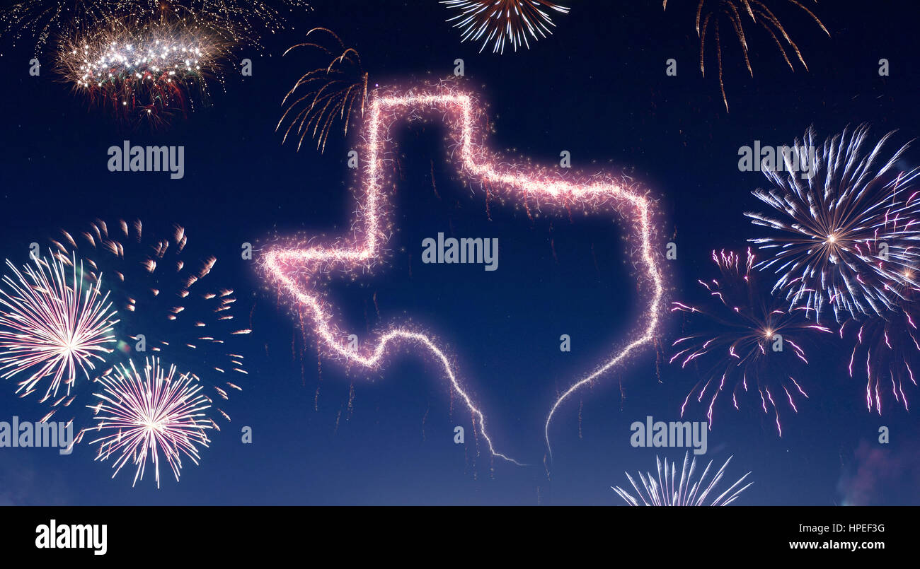A dark night sky with a sparkling red firecracker in the shape of Texas ...