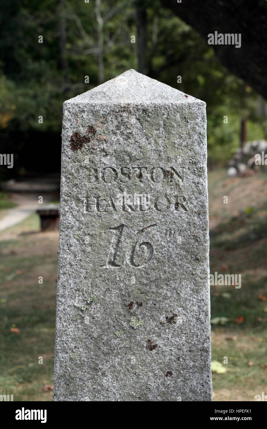 Distance marker (16 miles) at Meriam's Corner in Minute Man National ...