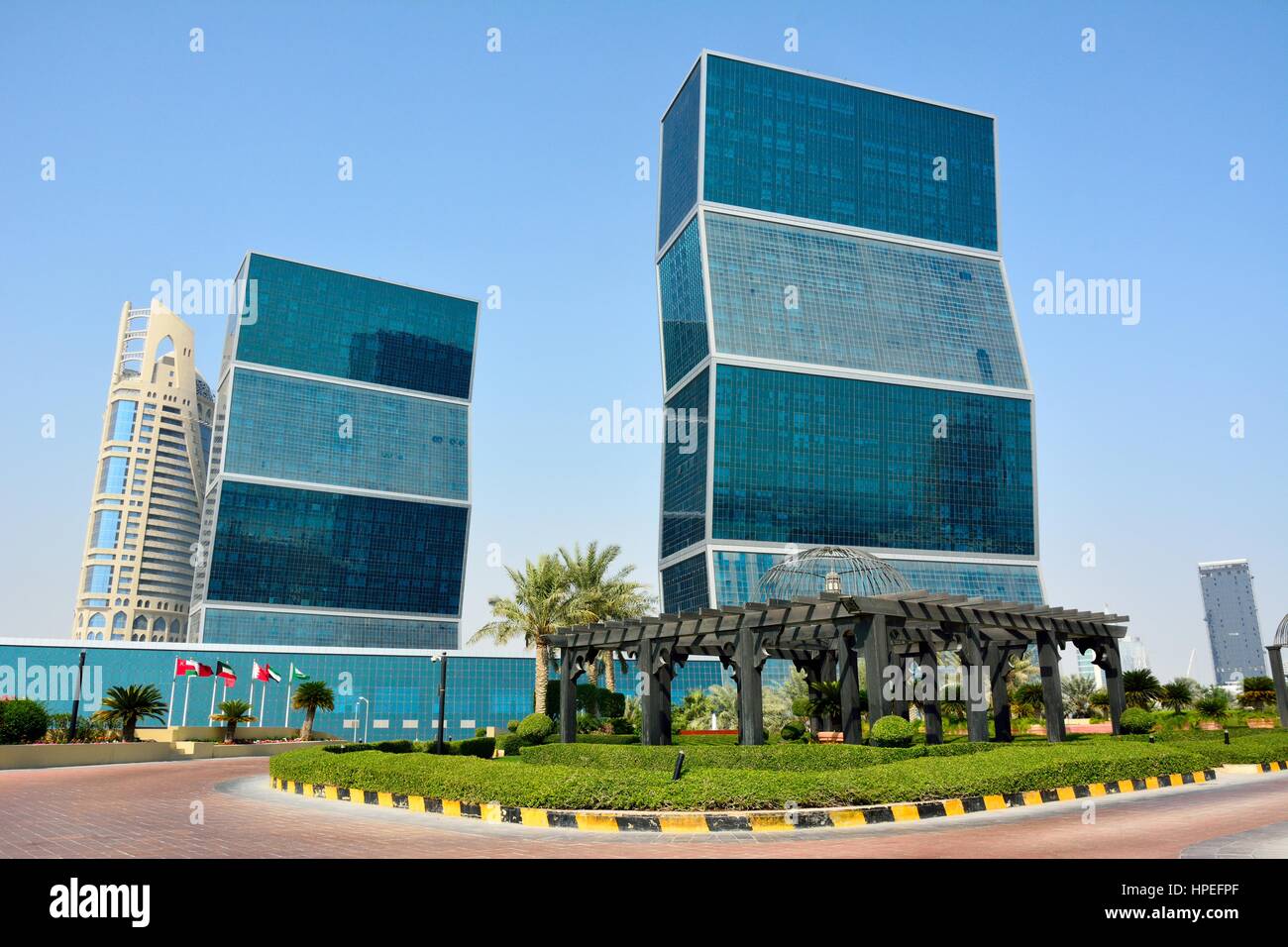 Doha, Qatar - November 2, 2016. Curved residential skyscrapers in West ...