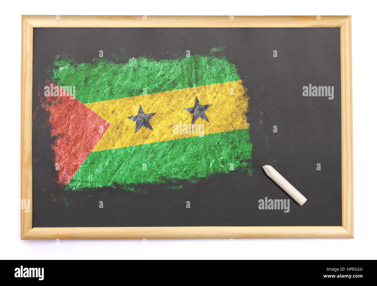 Blackboard with the national flag of Sao Tome and Principe drawn on and ...