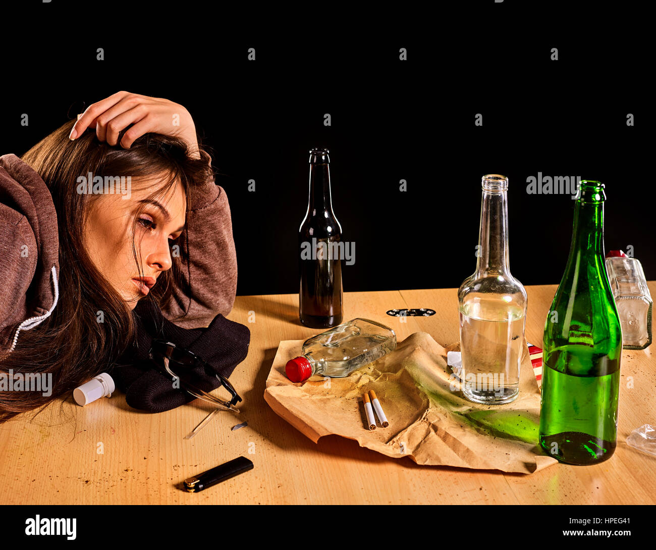 Woman alcoholism is social problem. Female drinking is cause of nervous ...