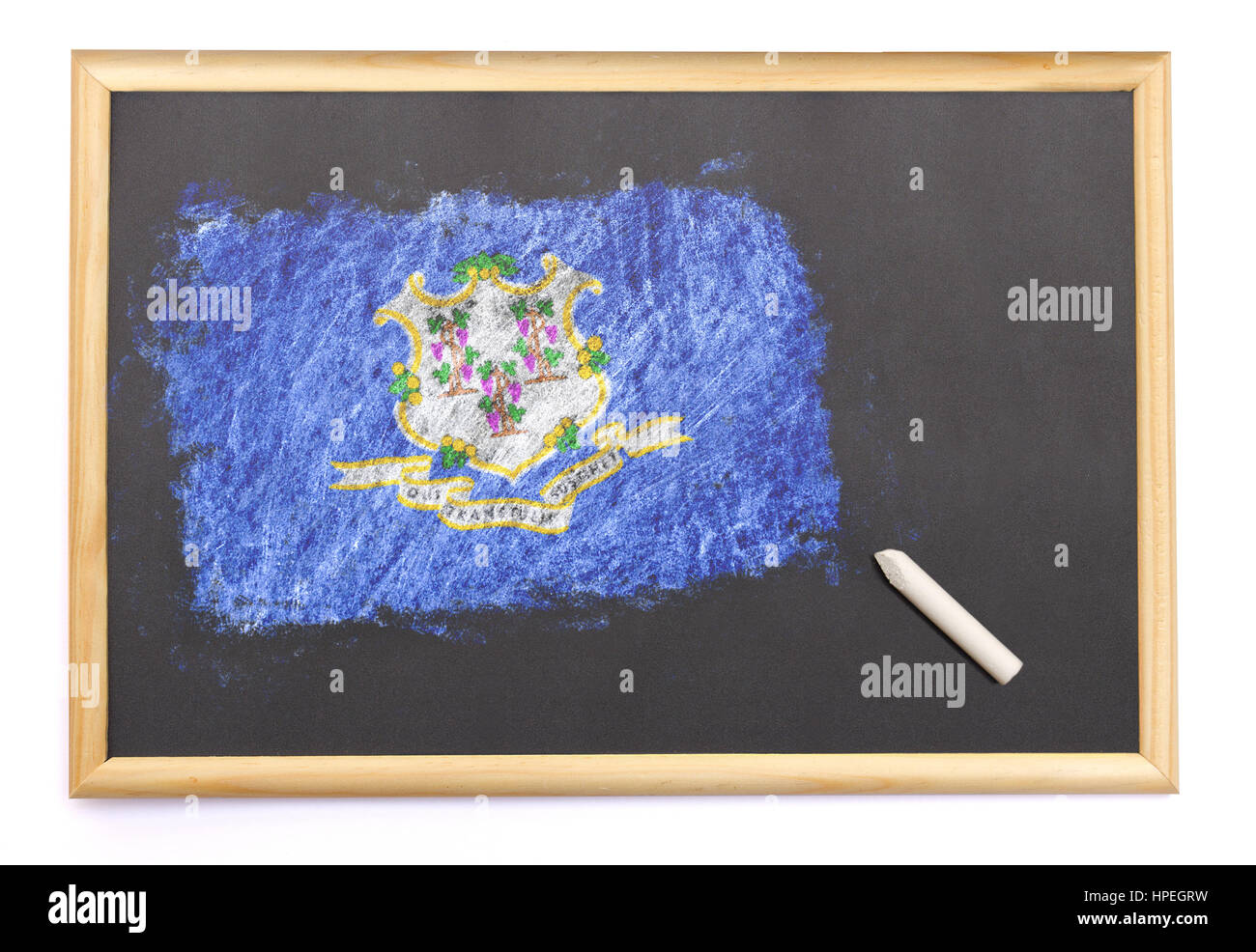 Blackboard with the national flag of Connecticut drawn on and a chalk ...