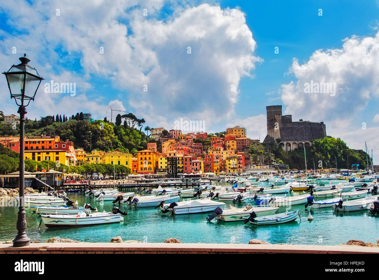 Lerici colorful village. Harbor, sea bay, boats, fortress and houses ...
