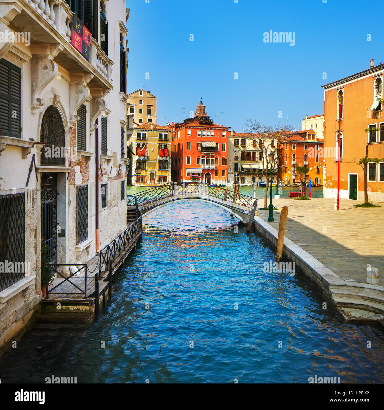 Venice cityscape in Campo San Vio square, bridge, tree and traditional ...